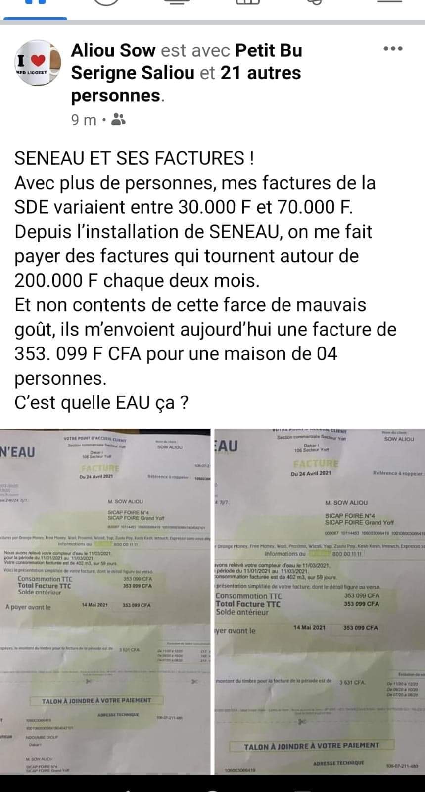 SenEau : Aliou Sow brandit sa facture salée de 353.099f cfa